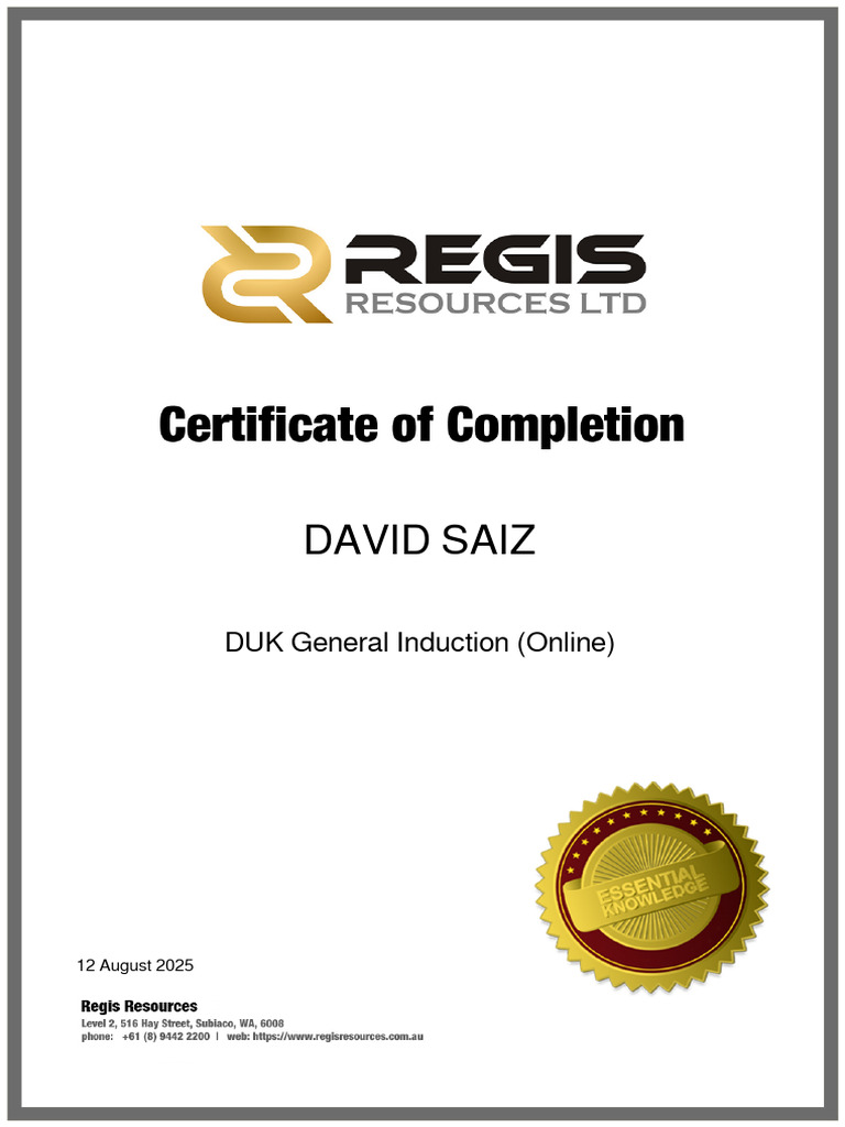 David Saiz Duk Certificate | PDF