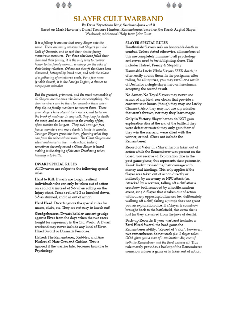 Slayer Cult Warband Guide | PDF | Dwarf (Dungeons & Dragons) | Blade