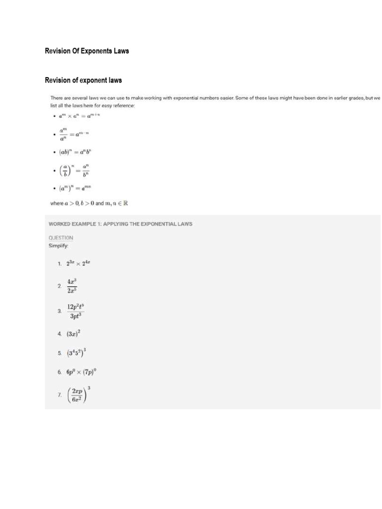 Revision of Exponents Laws | PDF