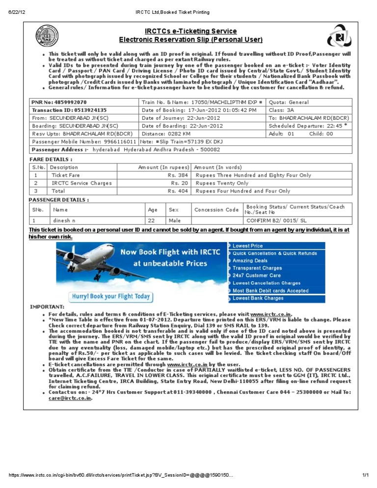 IRCTC E-Ticket Confirmation Details | PDF