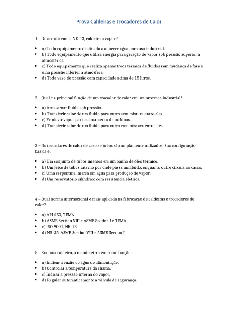 Prova sobre Caldeiras e Trocadores de Calor | PDF | Alternador de ...
