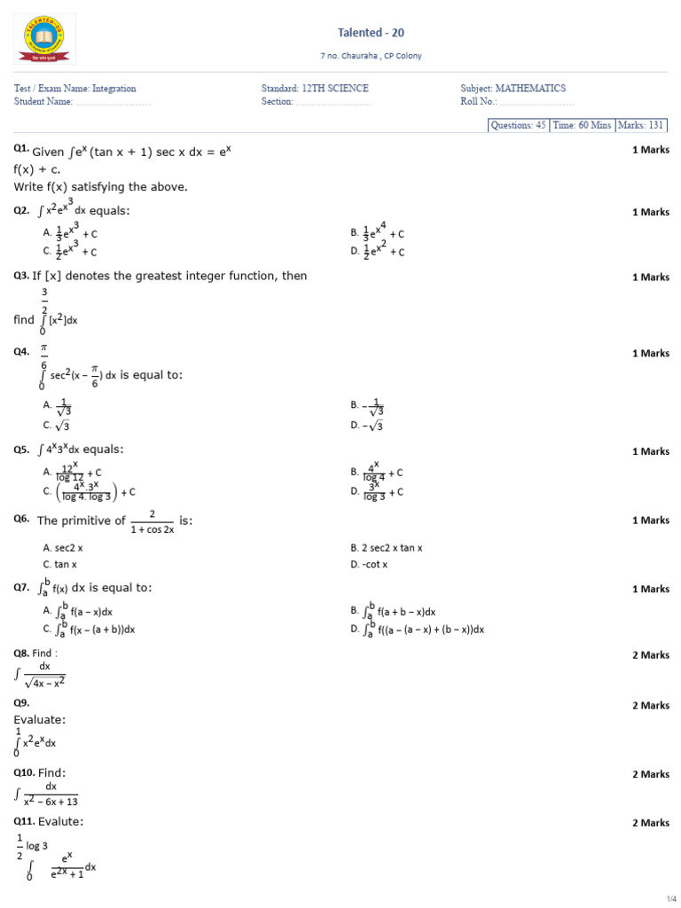 Integration -12th Science-mathematics (1) | PDF