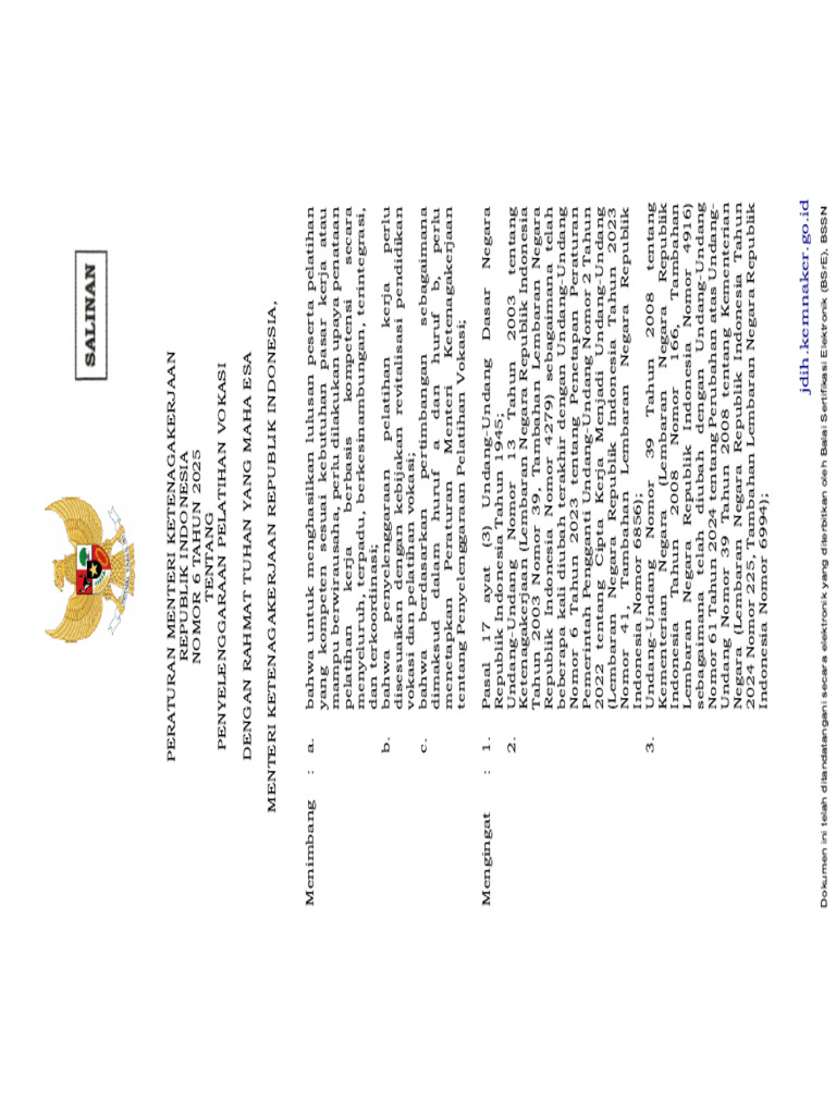 PERATURAN MENTERI KETENAGAKERJAAN REPUB.. | PDF