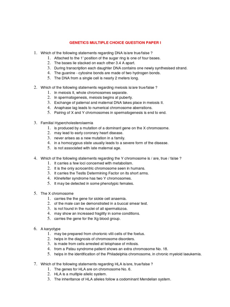 Genetics Multiple Choice Question Paper I | PDF | Chromosome | Meiosis