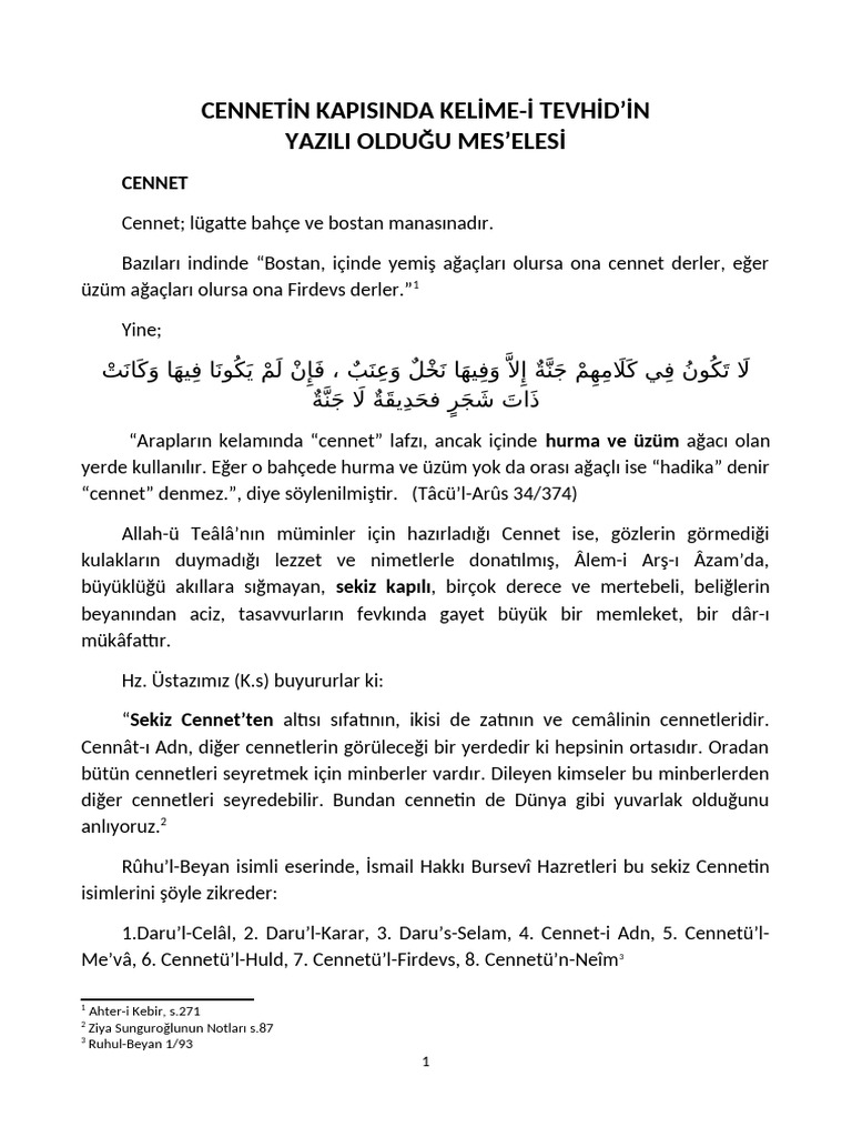 Cennet Kapısındaki Kelime-I Tevhid Yazısı | PDF