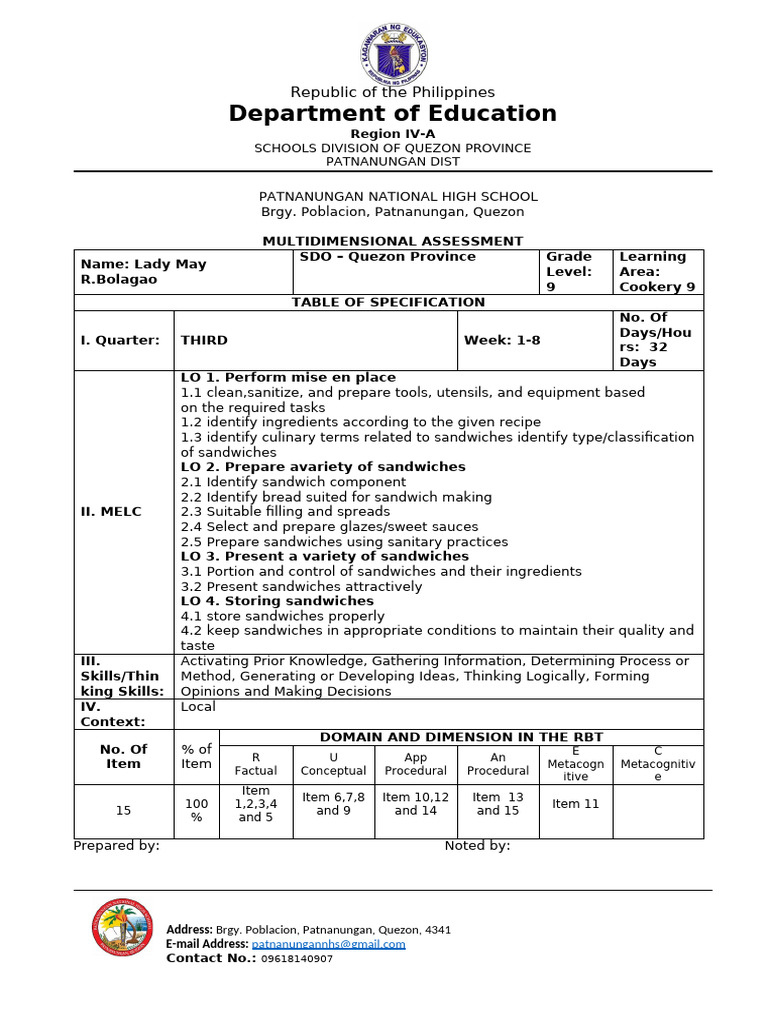 Tle9 Mdat Tos Assesstment | PDF | Sandwich | Knife
