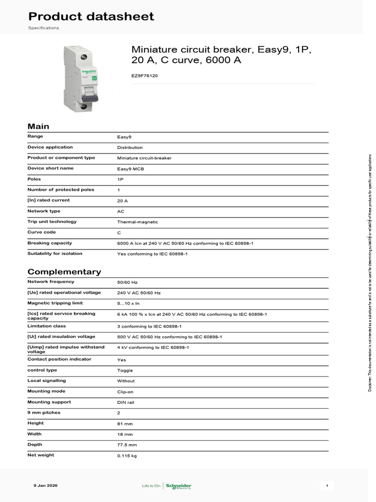 PES_Schneider Electric_Easy9_EZ9F76120 | PDF | Alternating Current ...