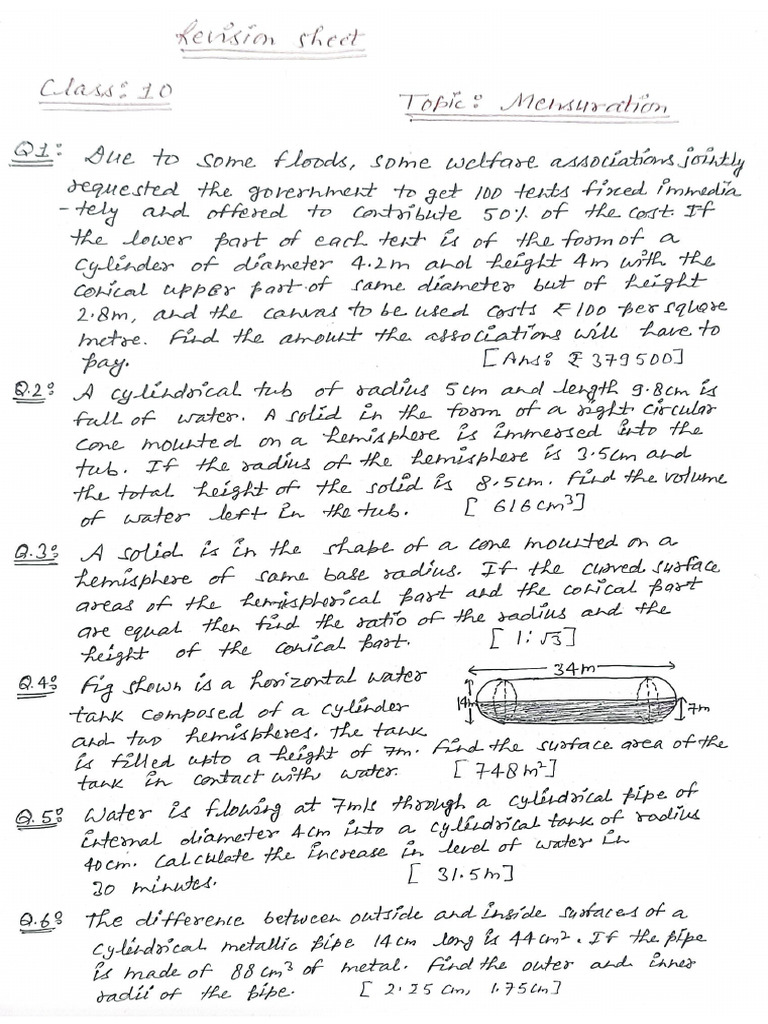 Class 10 Mensuration Revision Sheet 2 | PDF