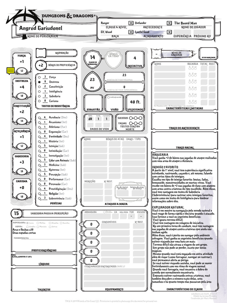 Ficha de Personagem D&D 5E: Angrod Gariudonel | PDF