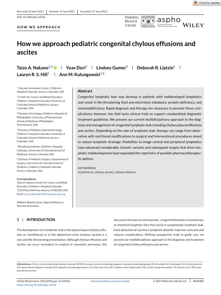 Pediatric Management of Chylous Effusions | PDF | Lymphatic System ...