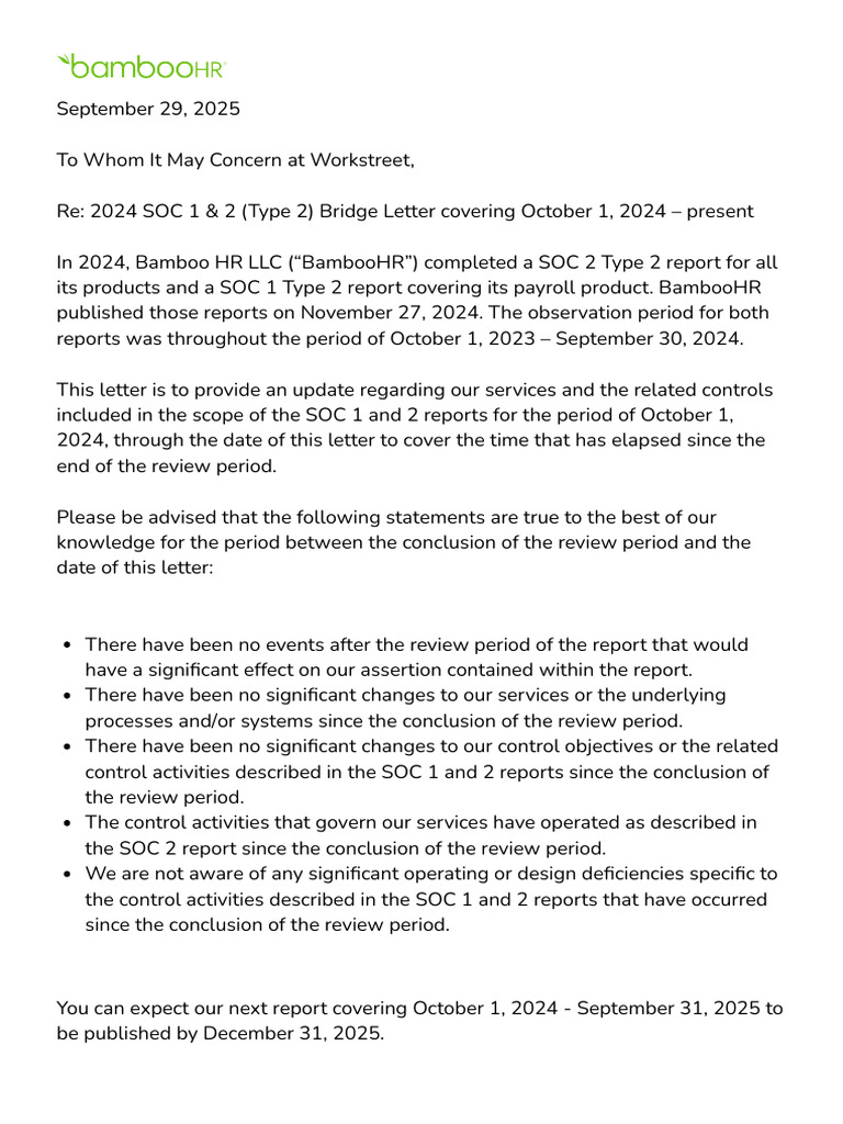 BambooHR SOC 1 & 2 Bridge Letter Update | PDF