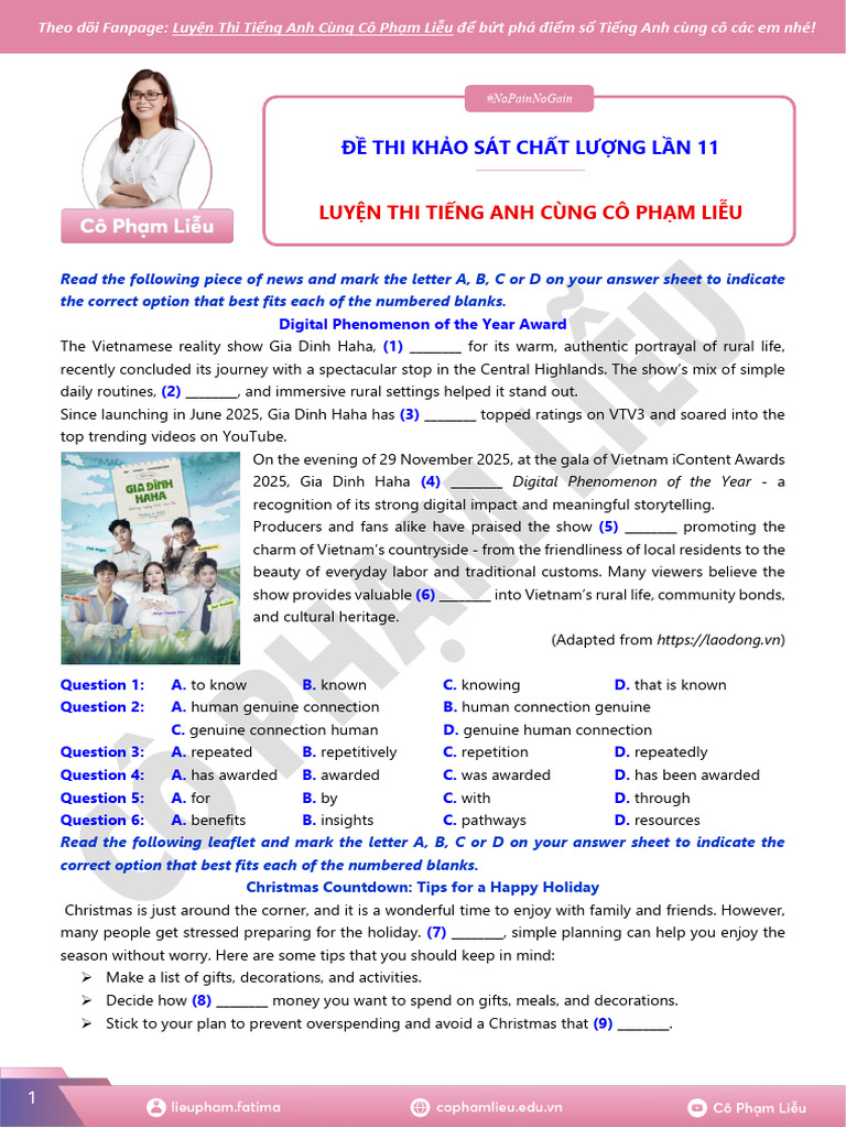 Thi Thử Lần 11 Môn Tiếng Anh Dành Cho Hs 2k8-2k9-2k10 Biên Soạn Cô Phạm Liễu | PDF