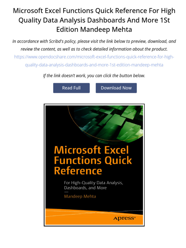 Microsoft Excel Functions Quick Reference For High Quality Data Analysis Dashboards and More 1st ...