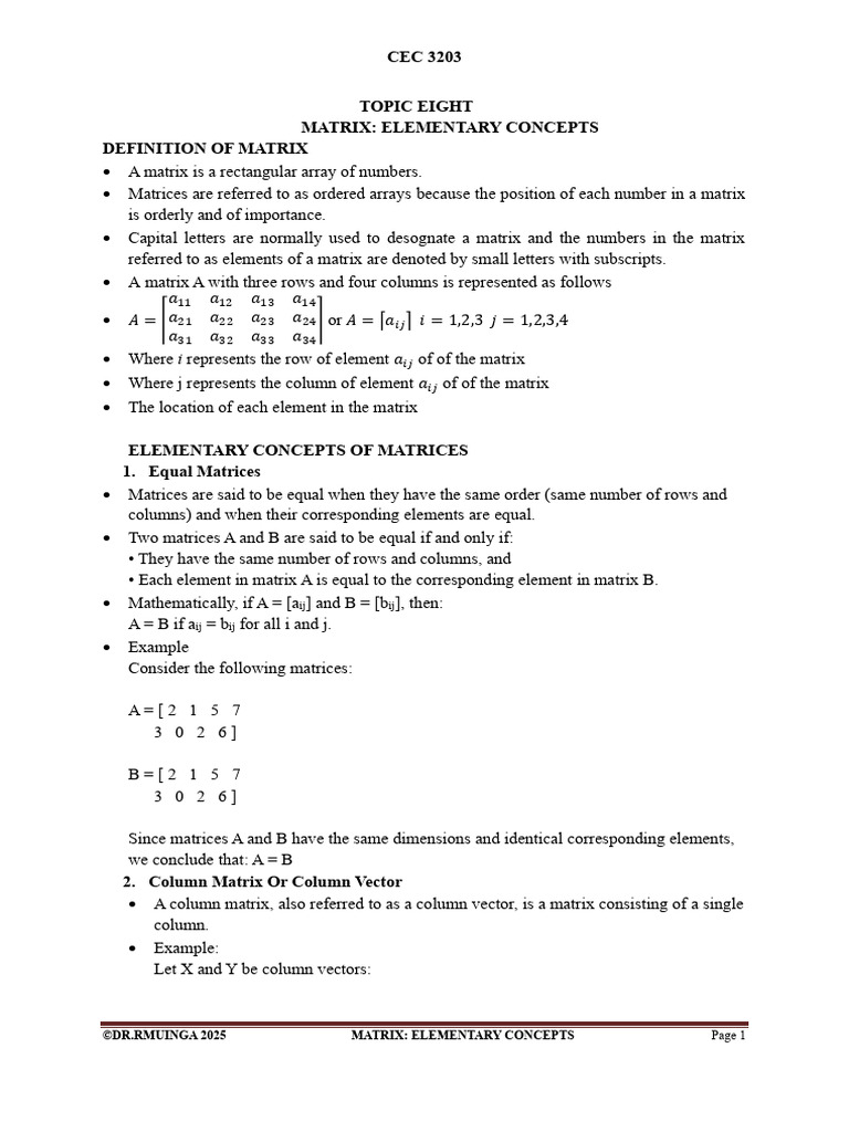 Cec 3203 Topic 8 Matrix- Elementary Concepts | PDF | Matrix ...