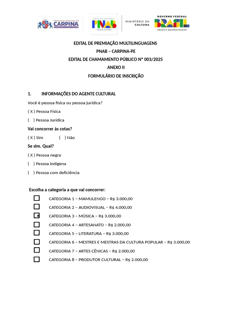 Formulário de Inscrição Da Lei Aldir Blanck | PDF | Gênero | Estudos de ...
