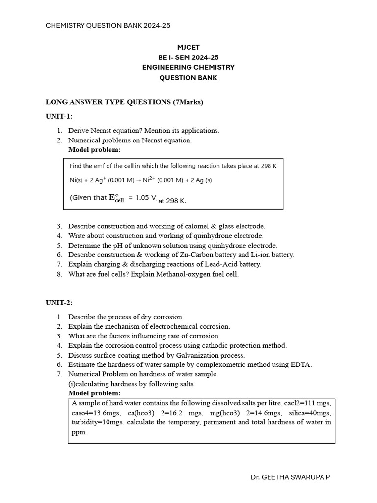 Engineering Chemistry Question Bank 2024-25 | PDF | Corrosion ...