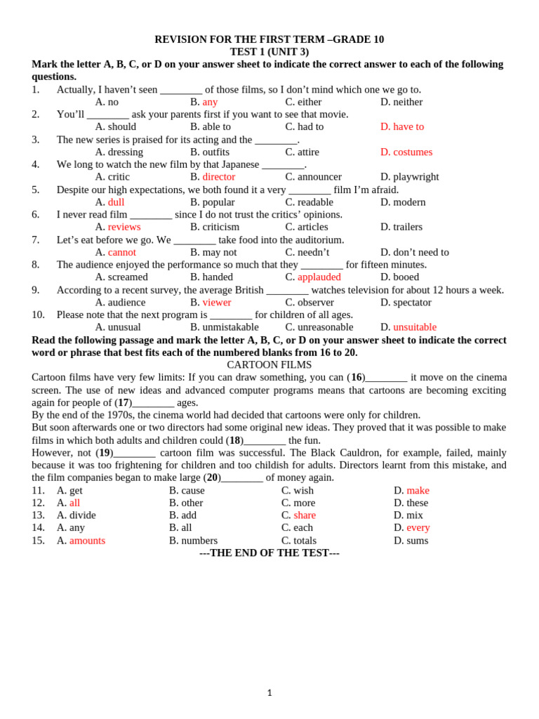 Revision For The First Term-Grade 10 - 2025-2026 - With Keys | PDF ...