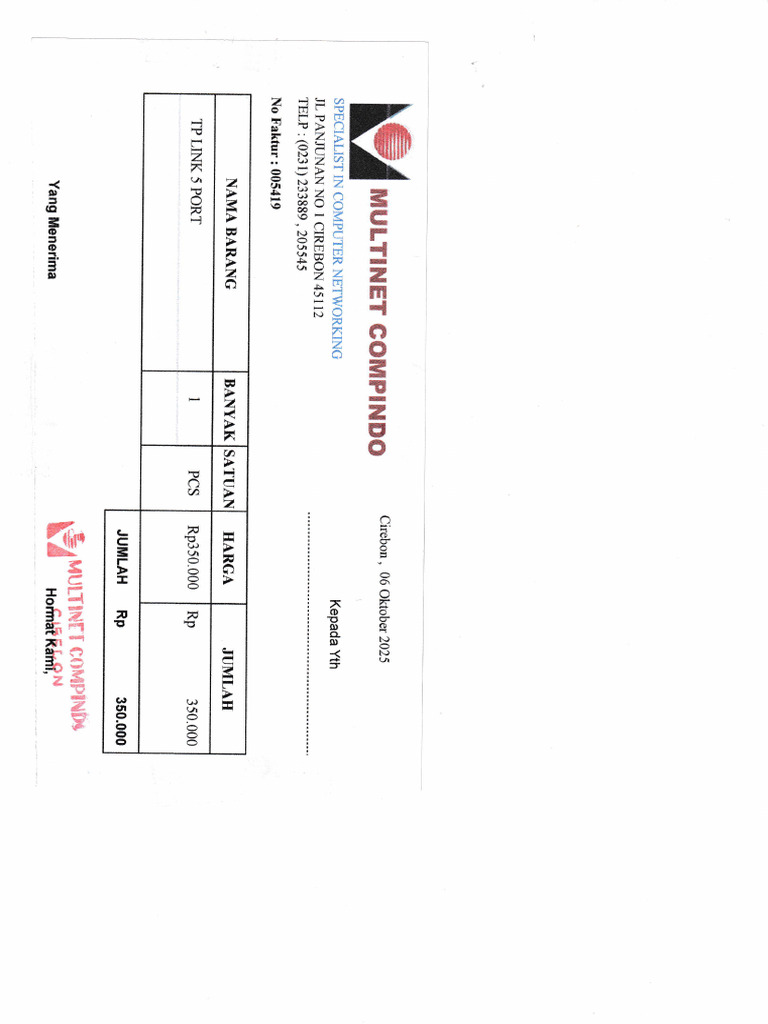Nota Pembelian Port Hub Lan Sim FMX | PDF