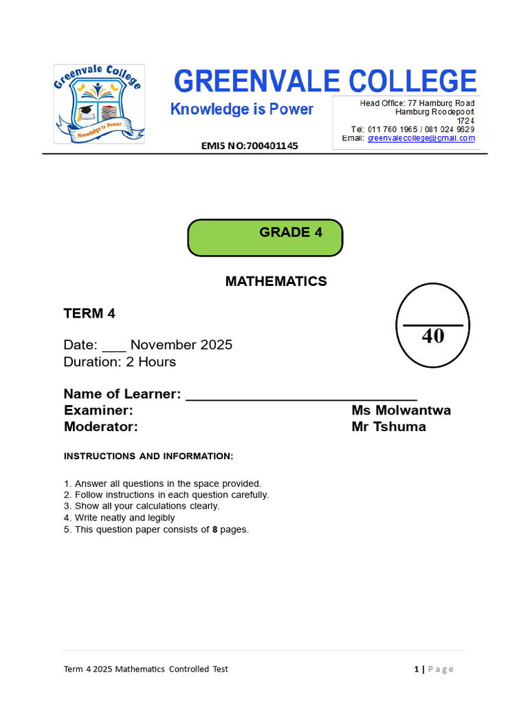 2025 Maths Grade 4 Term 4 | PDF | Litre | Area