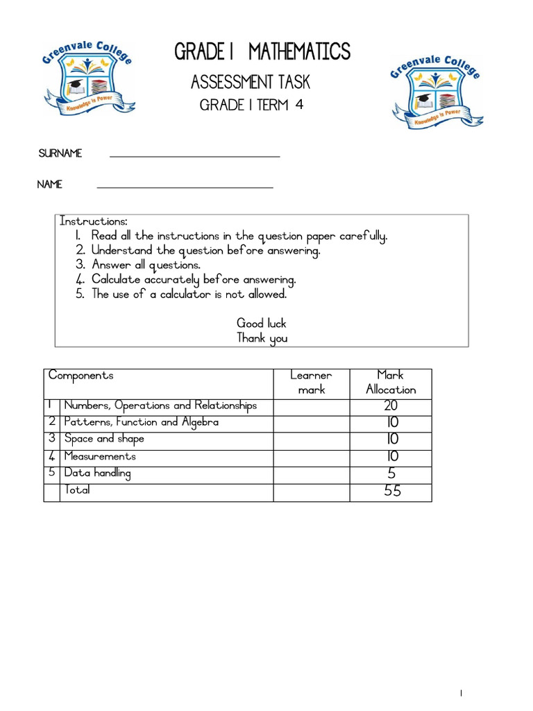 2025 Term 4 Grade 1 Final English Maths Task[1] | PDF