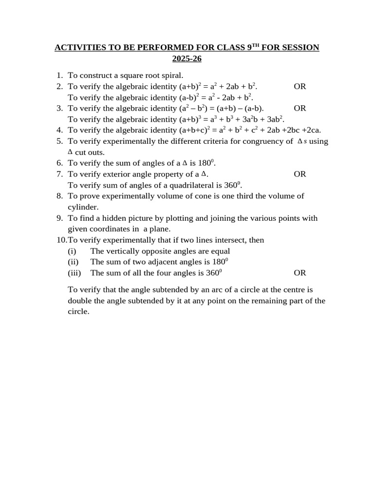 Class 9-12 Math Activities for 2025-26 | PDF | Circle | Trigonometric ...