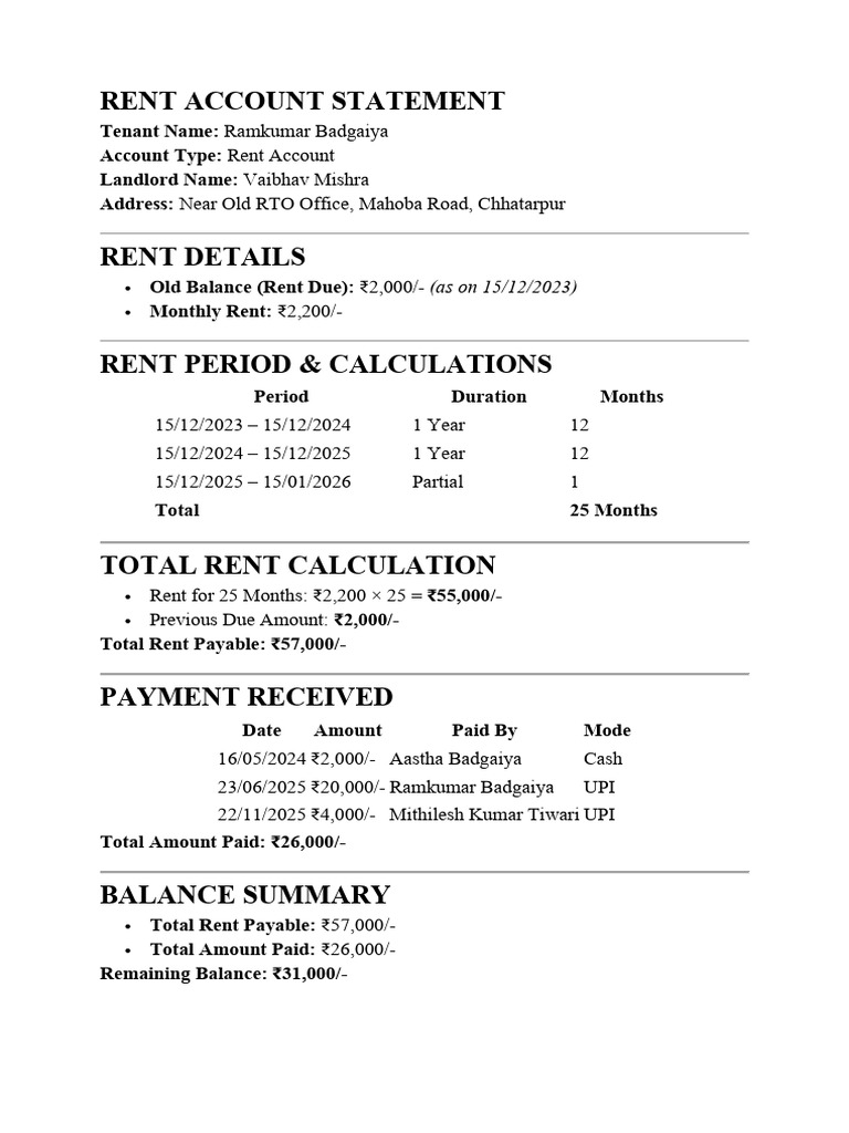 Rent Account Statement for Ramkumar | PDF