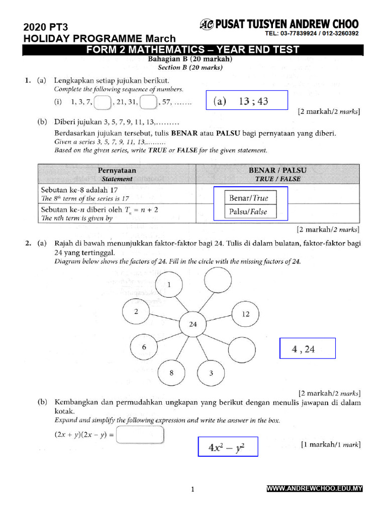 PT3 Mathematics Form 2 Revision KSSM | PDF
