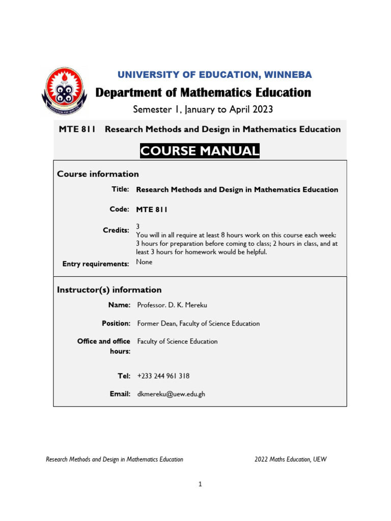 2023 MTE 811 Research Methods and Design in Mathematics Education Course Manual | PDF ...