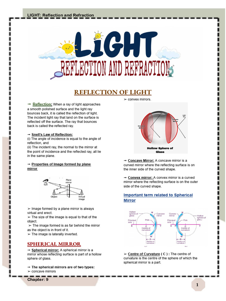 LIGHT- Reflection and Refraction Notes | PDF | Mirror | Sphere
