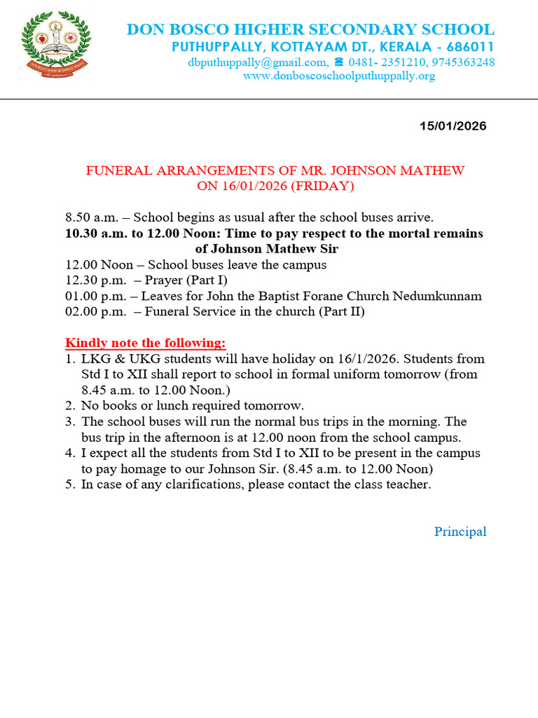 Funeral Details of Johnson Mathew Sir on 16.1.2026 | PDF