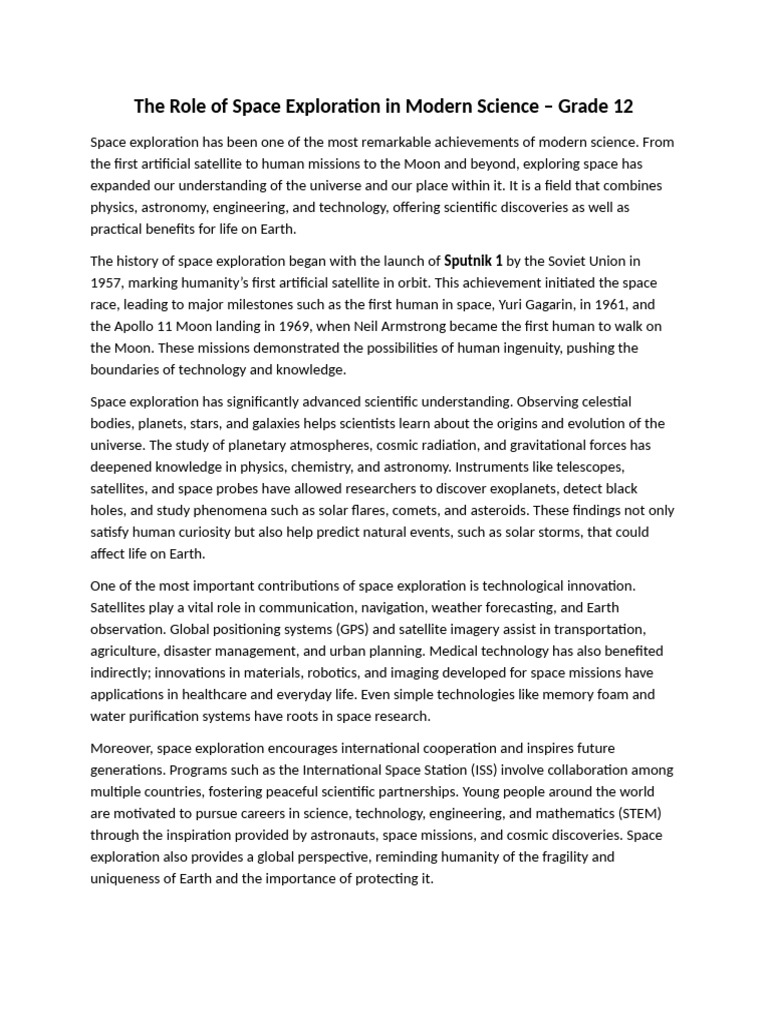 The Role of Space Exploration in Modern Science – Grade 12 | PDF ...