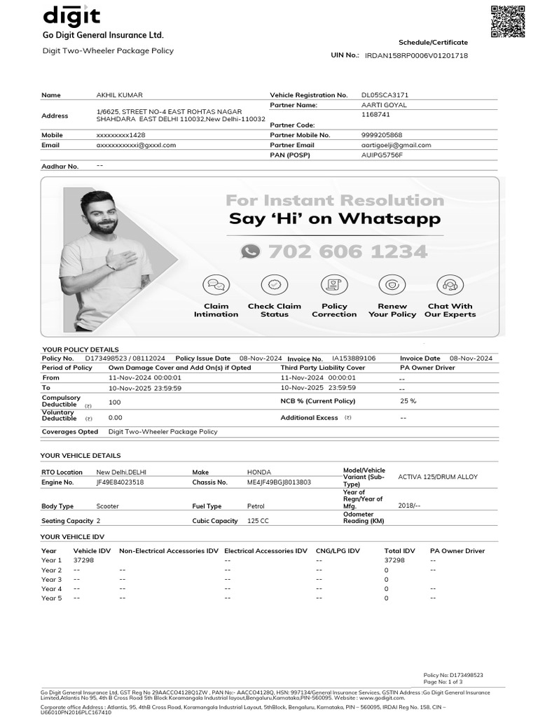 Digit Two-Wheeler Insurance Certificate | PDF | Insurance | Private Law