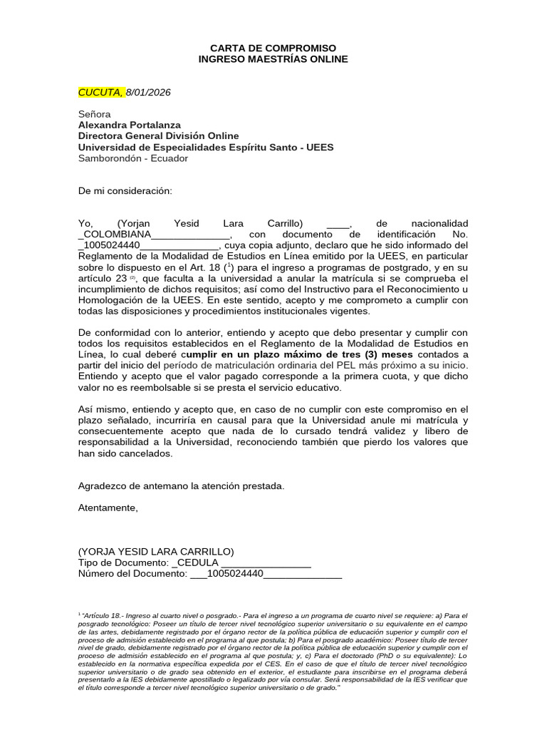 Formato Carta Compromiso Posgrado Expansión. | PDF | Doctorado