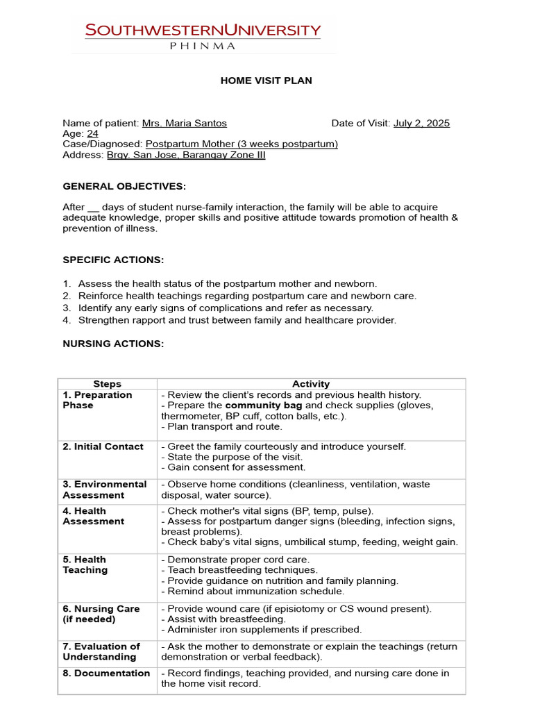 Home Visit Plan.docx | PDF | Breastfeeding | Postpartum Period