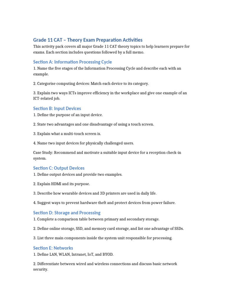 Grade 11 CAT Theory Exam Prep Activities and Memo | PDF | Computer Data ...