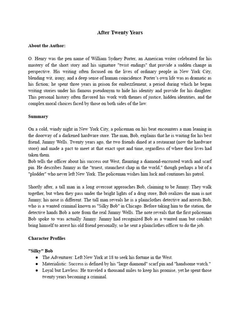 O. Henry's "After Twenty Years" Analysis | PDF
