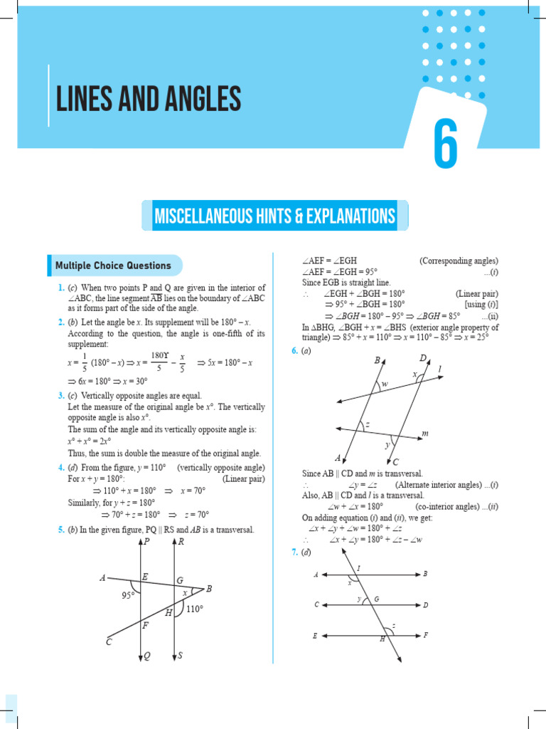 Lines and Angles: MCQs and Solutions | PDF | Perpendicular | Angle