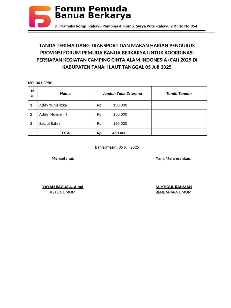 Tanda Terima Uang Kegiatan FPBB 2025 | PDF
