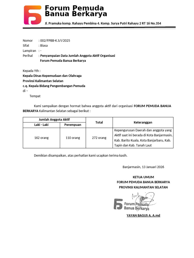 Data Anggota Forum Pemuda Banua | PDF
