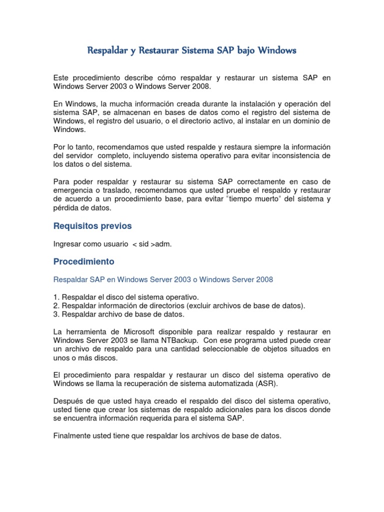 Respaldar y Restaurar Sistema SAP Bajo Windows | PDF | Apoyo ... Respaldar y Restaurar Sistema SAP Bajo Windows | PDF | Apoyo ...