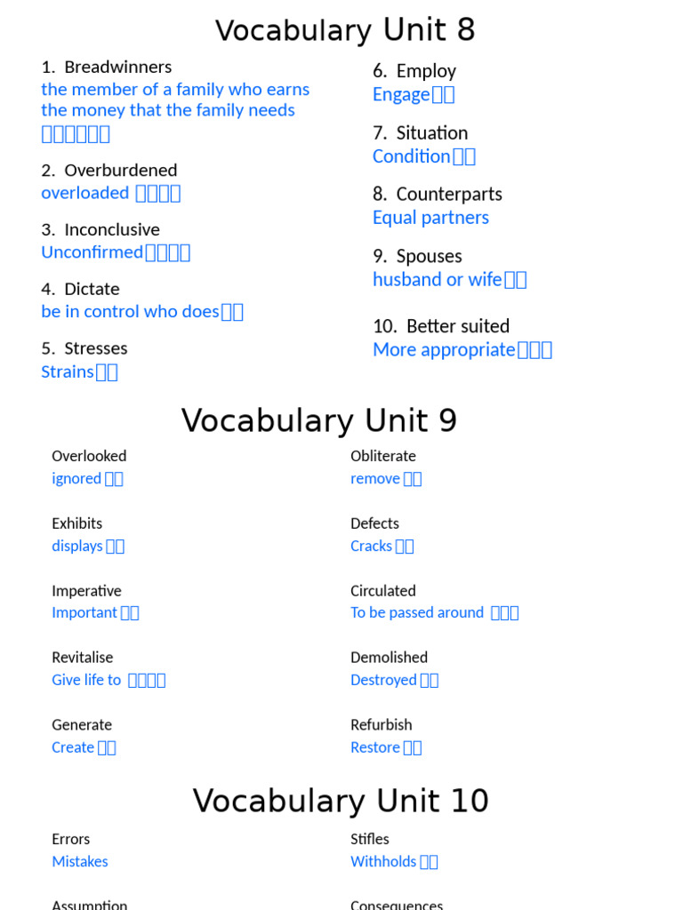 Vocabulary Units 8-10 Definitions | PDF