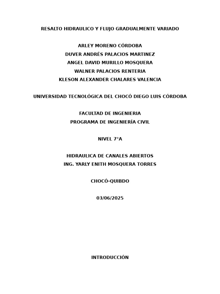 Resalto Hidraulico y Flujo Gradualmente Variado | PDF | Agua