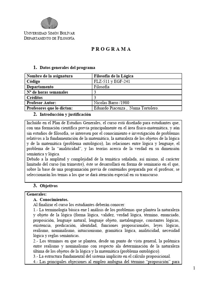 Filosofía de la Lógica: Programa de Curso | PDF | Lógica | Verdad