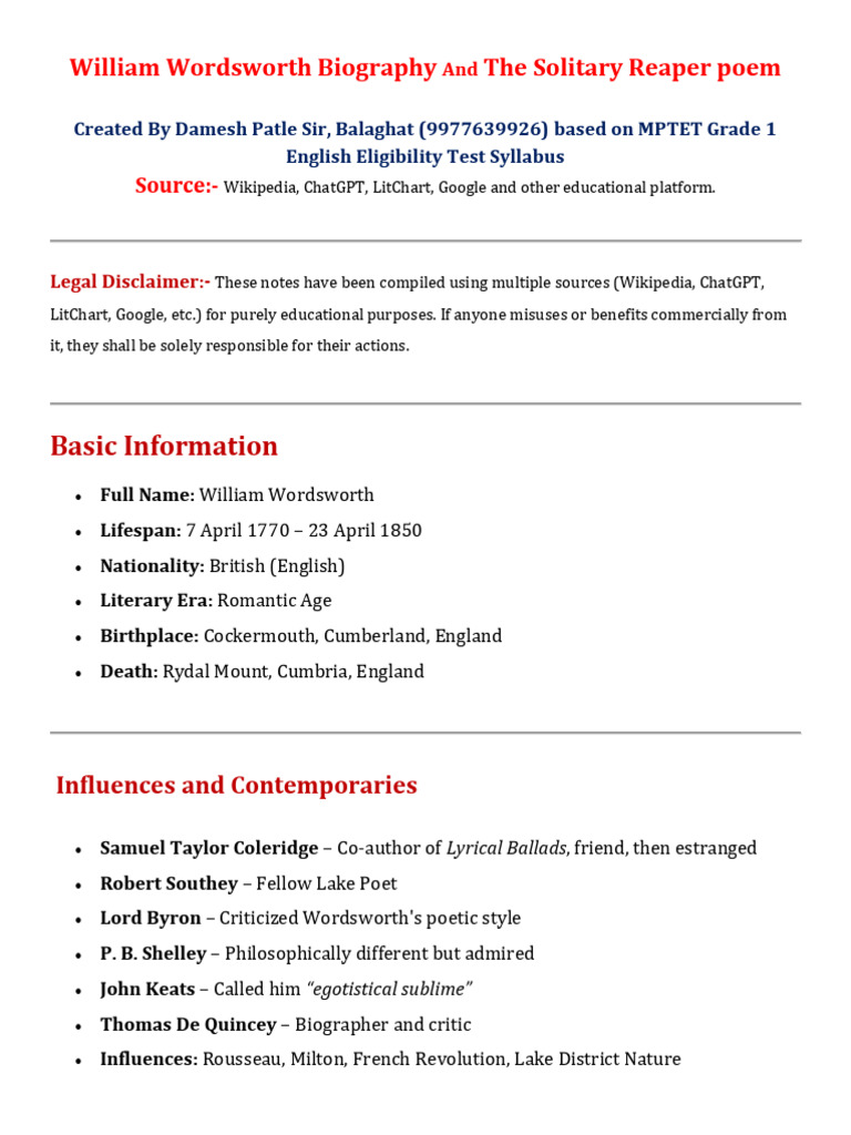 William Wordsworth Bio and the Solitary Reaper Poem Notes | PDF ...