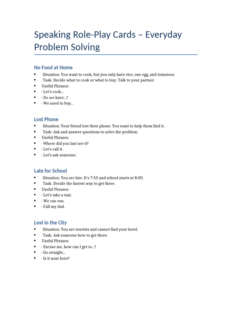 Everyday Problem-Solving Role-Play Cards | PDF | Lunch | Meal