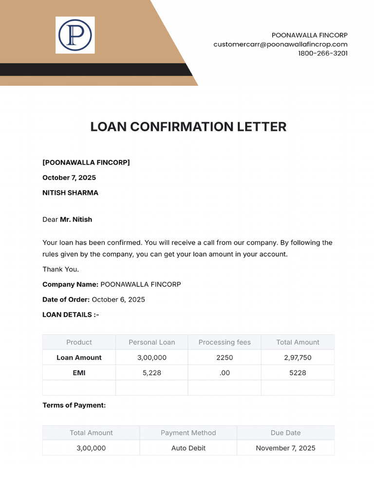 Loan Confirmation Letter | PDF