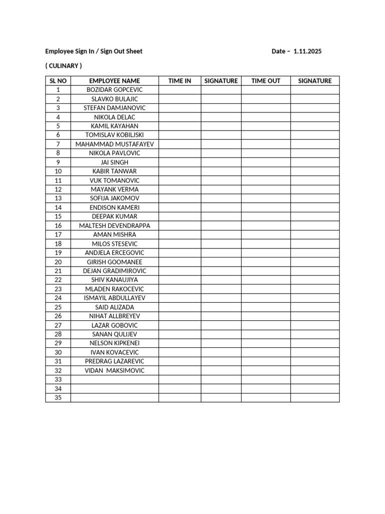 Employee Sign in Out Sheet | PDF