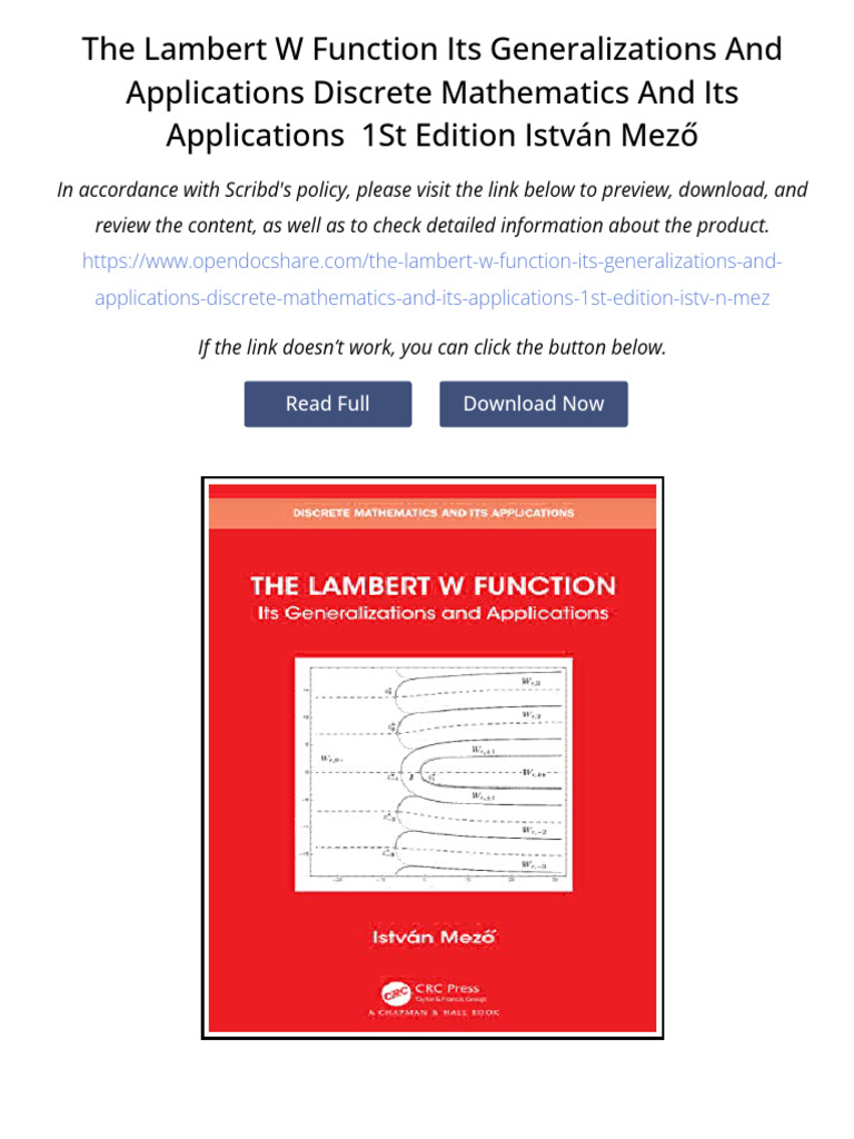The Lambert W Function Its Generalizations and Applications Discrete ...