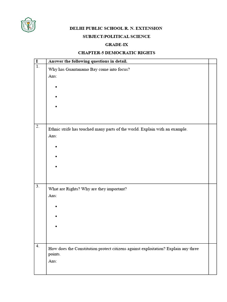 Pol.sc Ch-5 Democratic Rights Assignment | PDF | Human Rights | Social Policy