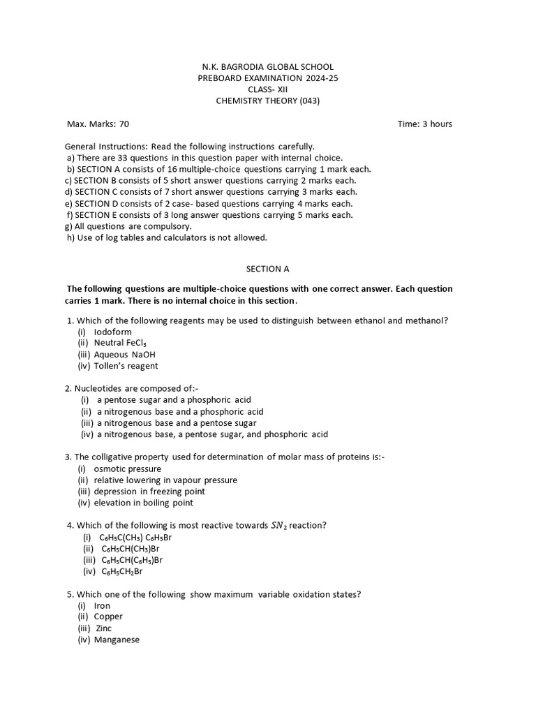Pre Board 7.2.2025 | PDF | Chemical Reactions | Ligand